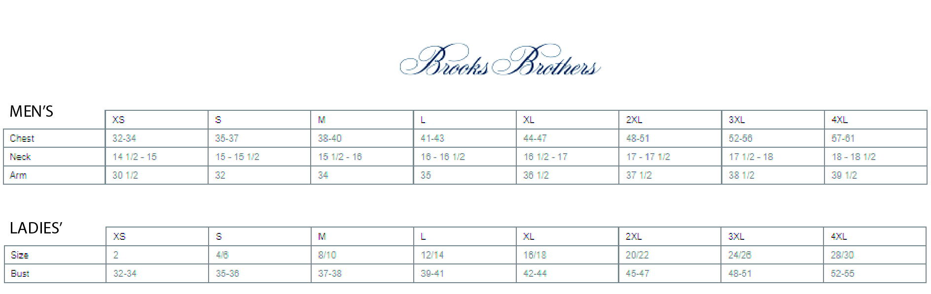 Brooks Brothers Size Chart